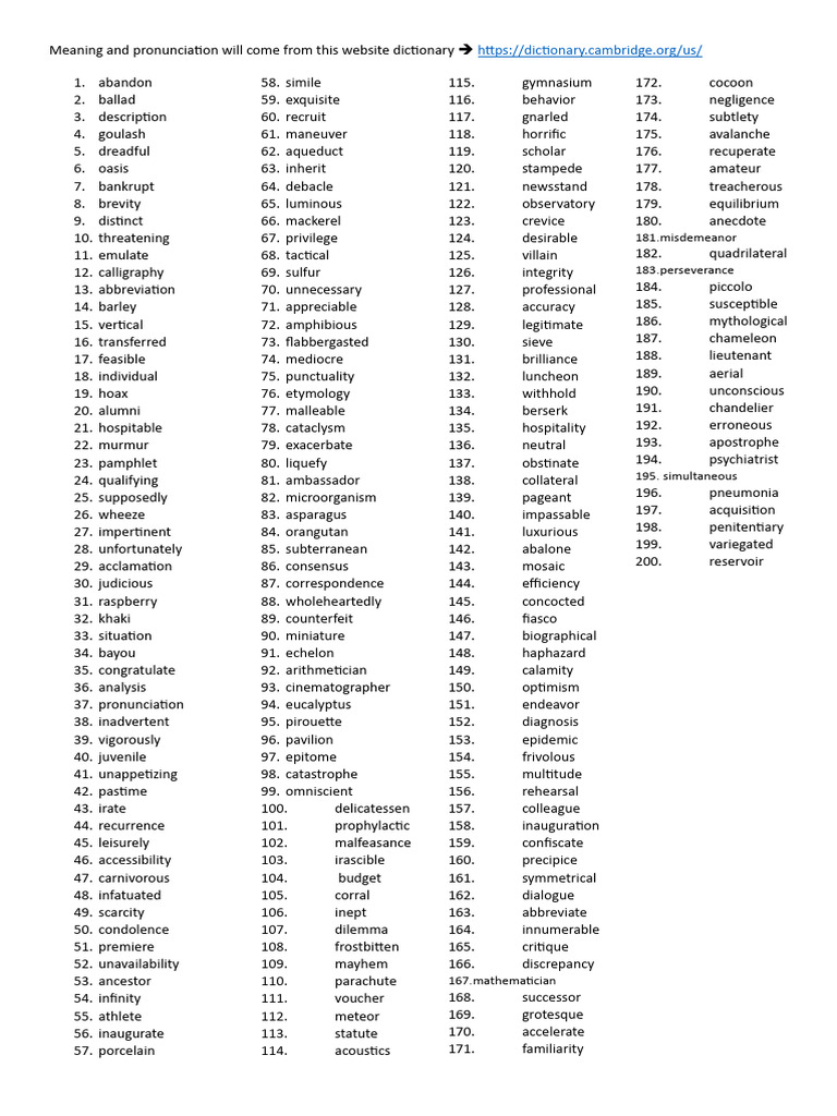 Spelling Bee Words | PDF