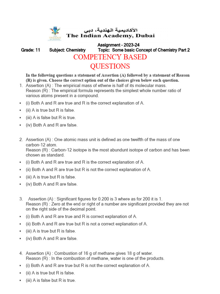 Chapter1 COMPETENCY BASED QUESTIONS | PDF | Mole (Unit) | Gases