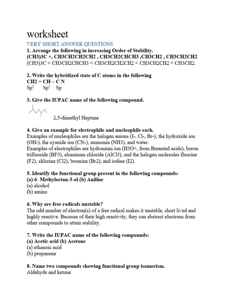 Worksheet: Very Short Answer Questions | PDF