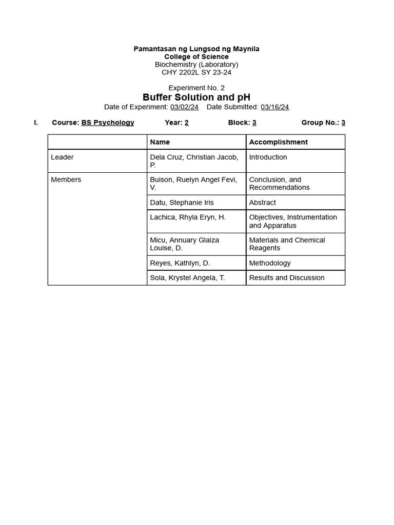 CHY2202L-3-Exp't No. 2-Lab Report-Group-3 | PDF | Ph | Buffer Solution