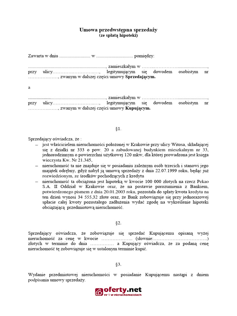 Umowa Przedwstepna Sprzedazy Ze Splata Hipoteki | PDF