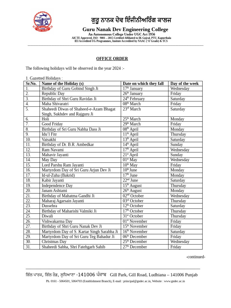 GND Engineering College Holidays 2024 | PDF