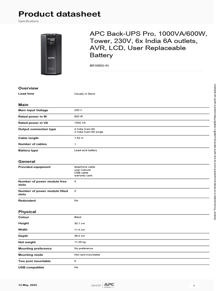 Back-UPS Pro - BR1000G-IN-1 | PDF | Mains Electricity | Usb