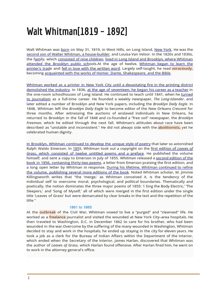 1.walt Whitman | Download Free PDF | Leaves Of Grass | Walt Whitman