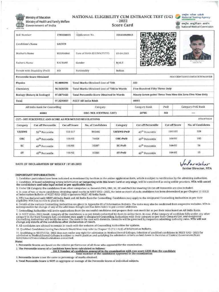 Neet Score Card | PDF