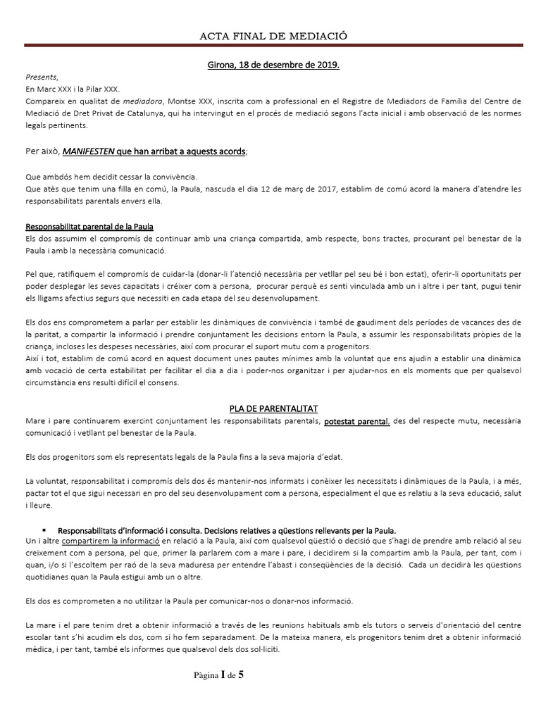 Acta Final de Mediació: Girona, 18 de Desembre de 2019 | PDF