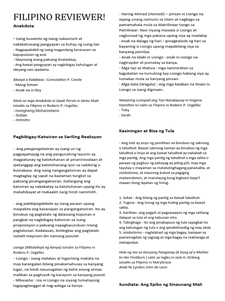 FILIPINO REVIEWER GR 10 Q3 | PDF
