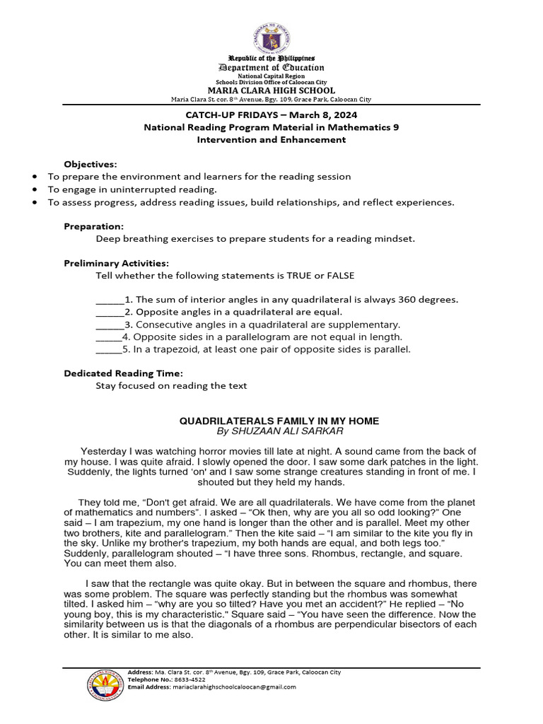 DEAR Catch Up Friday March 8 2024.24 Mathematics 9 | PDF | Rectangle | Euclidean Geometry