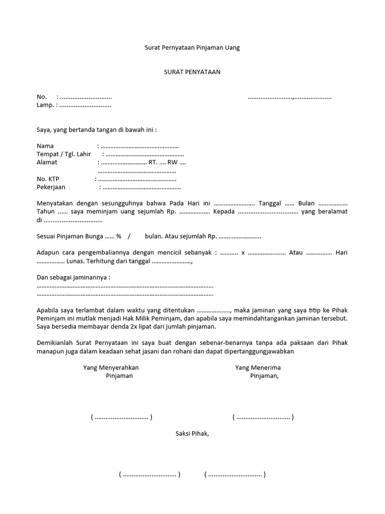Surat Pernyataan Pinjaman Uang | PDF