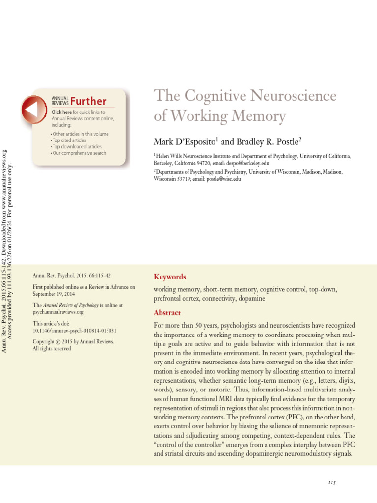 The Cognitive Neuroscience of Working Memory | PDF | Working Memory | Memory