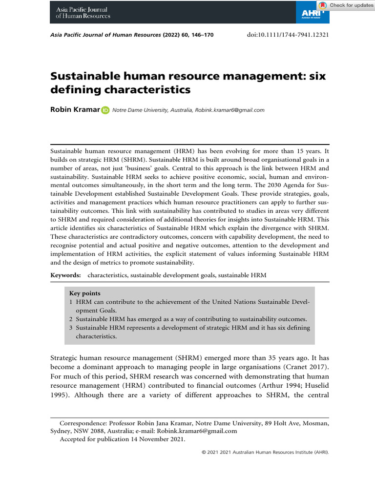Asia Pac J Human Res - 2022 - Kramar - Sustainable Human Resource ...