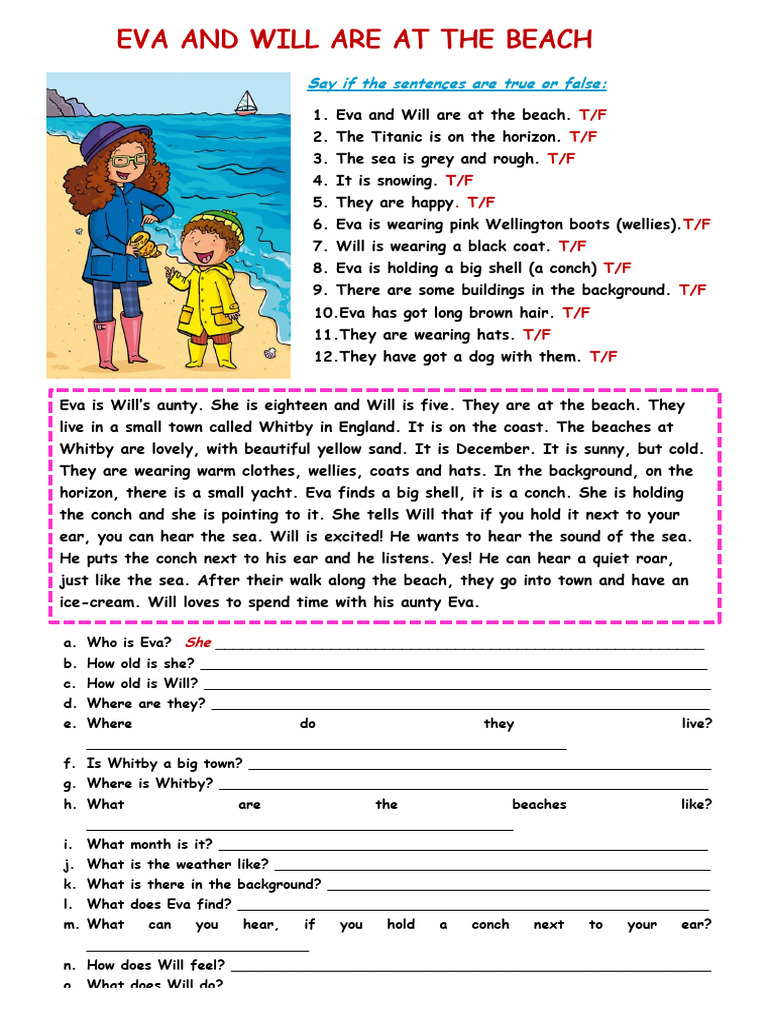 RC Eva and Will Are at The Beach Reading Comprehension Exercises 140697 ...