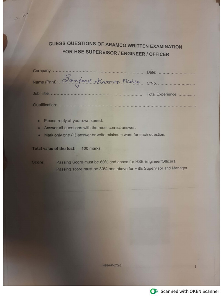 Aramco Hse Interview Questions and Answer | PDF