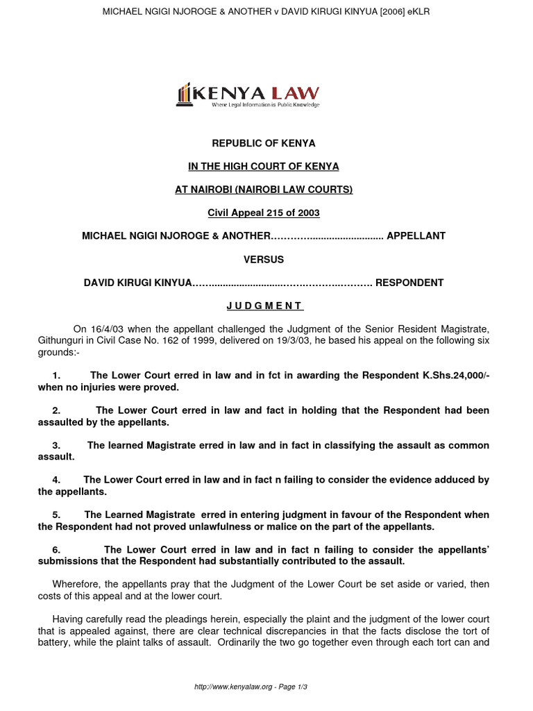 MICHAEL NGIGI NJOROGE & ANOTHER V DAVID KIRUGI KINYUA (2006) eKLR Civil Appeal 215 of 2003 | PDF