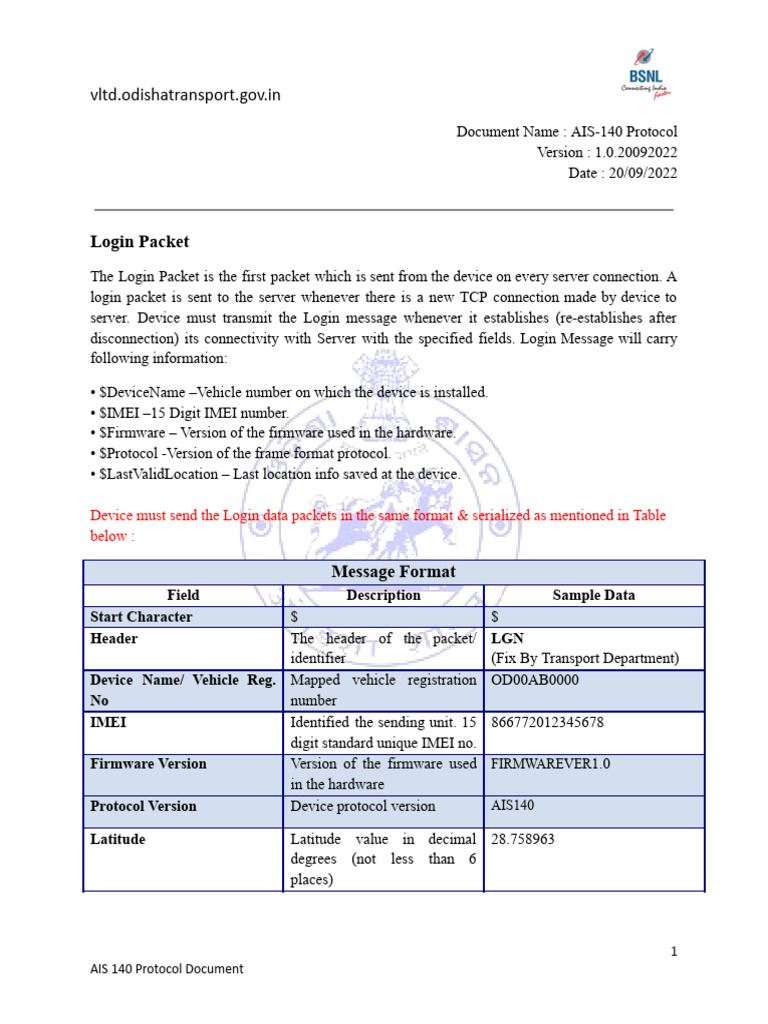 BSNL ODSTA-AIS-140 Protocol Version 1.0.20092022 | PDF | Network Packet | Transmission Control ...