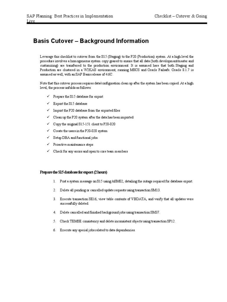 Checklist - Basis Cutover in Prep for Going Live