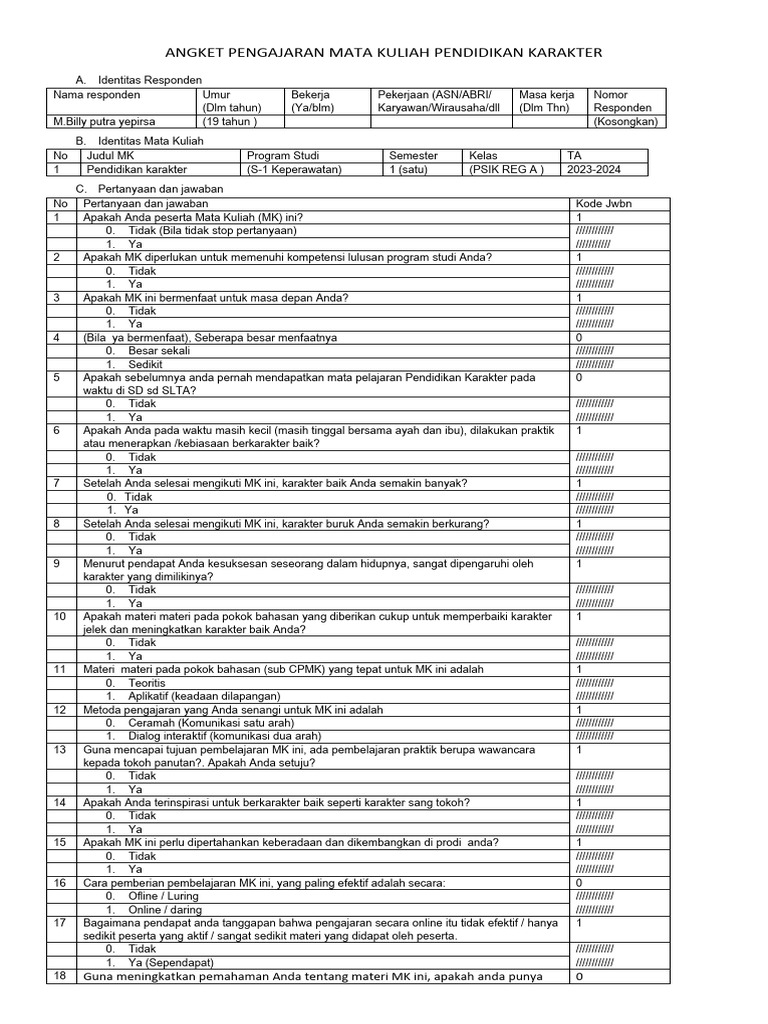 Angket Pengajaran MK PK Gnp 23 | PDF