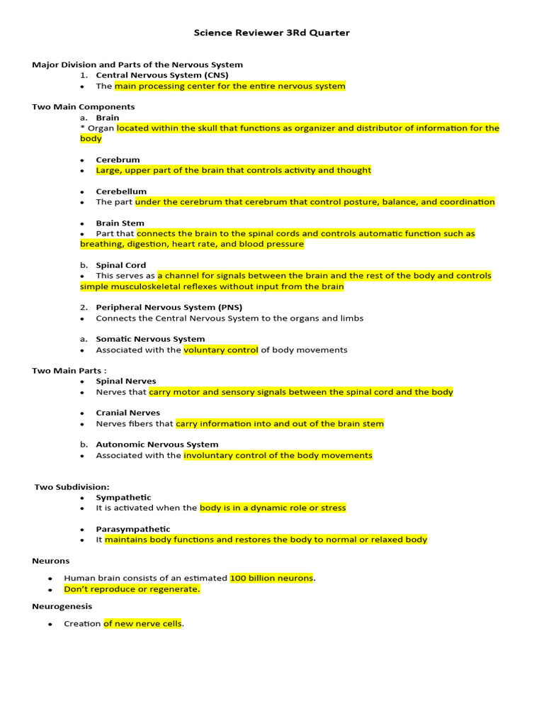 Science Reviewer 3Rd Quarter | PDF | Central Nervous System | Nervous System