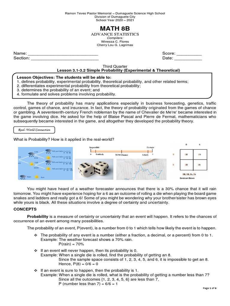 W1-3 Q3 Math-8B Simple-Probability | PDF | Probability | Mathematics