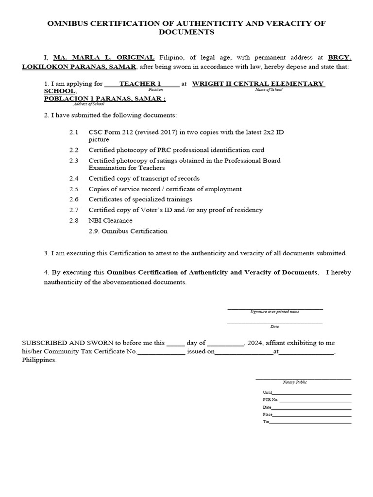 Omnibus Certification of Authenticity and Veracity of Documents v3 ...