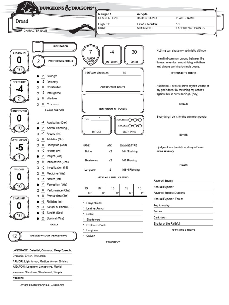 Dread - Roll20 Characters | PDF