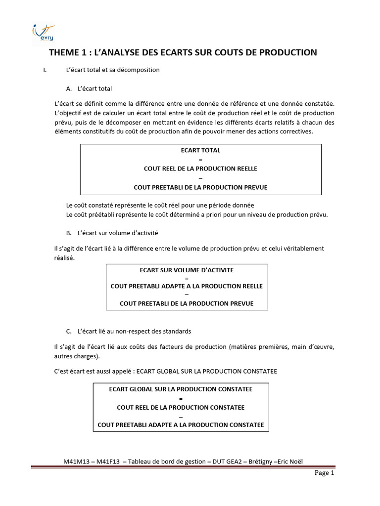 Analyse des écarts sur coûts de production | PDF | Coût | Production et ...