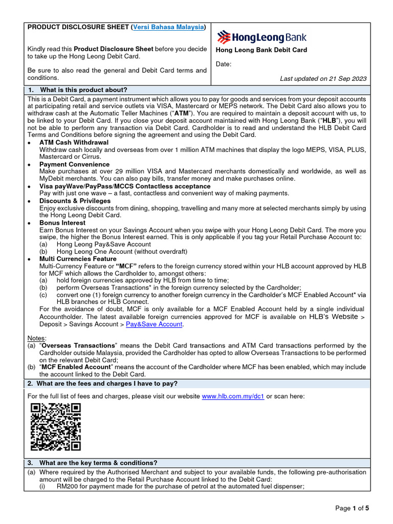 Product Disclosure Sheet - EN | PDF | Debit Card | Master Card