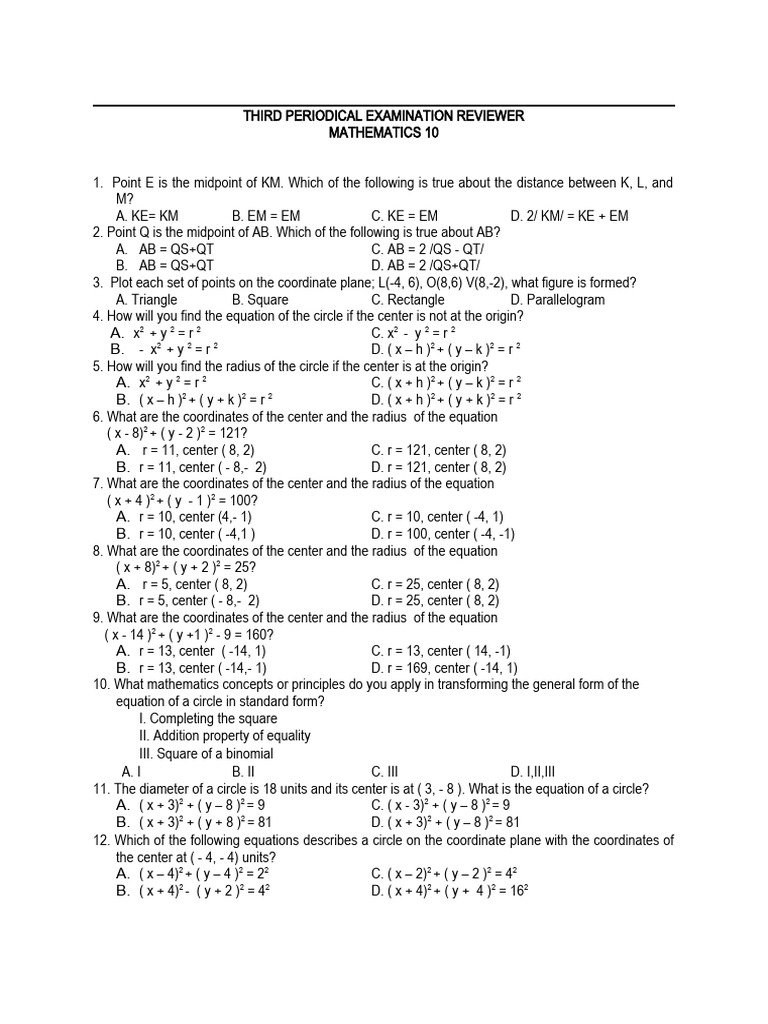 3rd PT Math 10 Reviewer | PDF | Circle | Equations