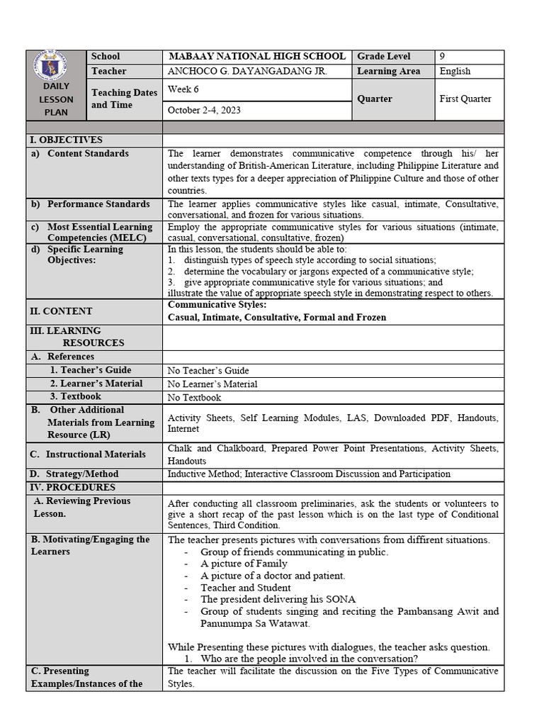Daily Lesson Plan Employ Communicative Strategy in Communication | PDF ...