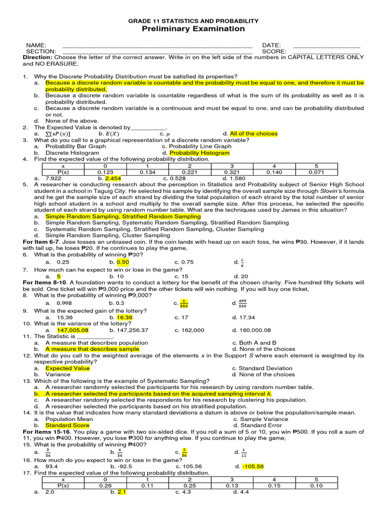 Prelim Stats and Proba | PDF | Sampling (Statistics) | Standard Deviation