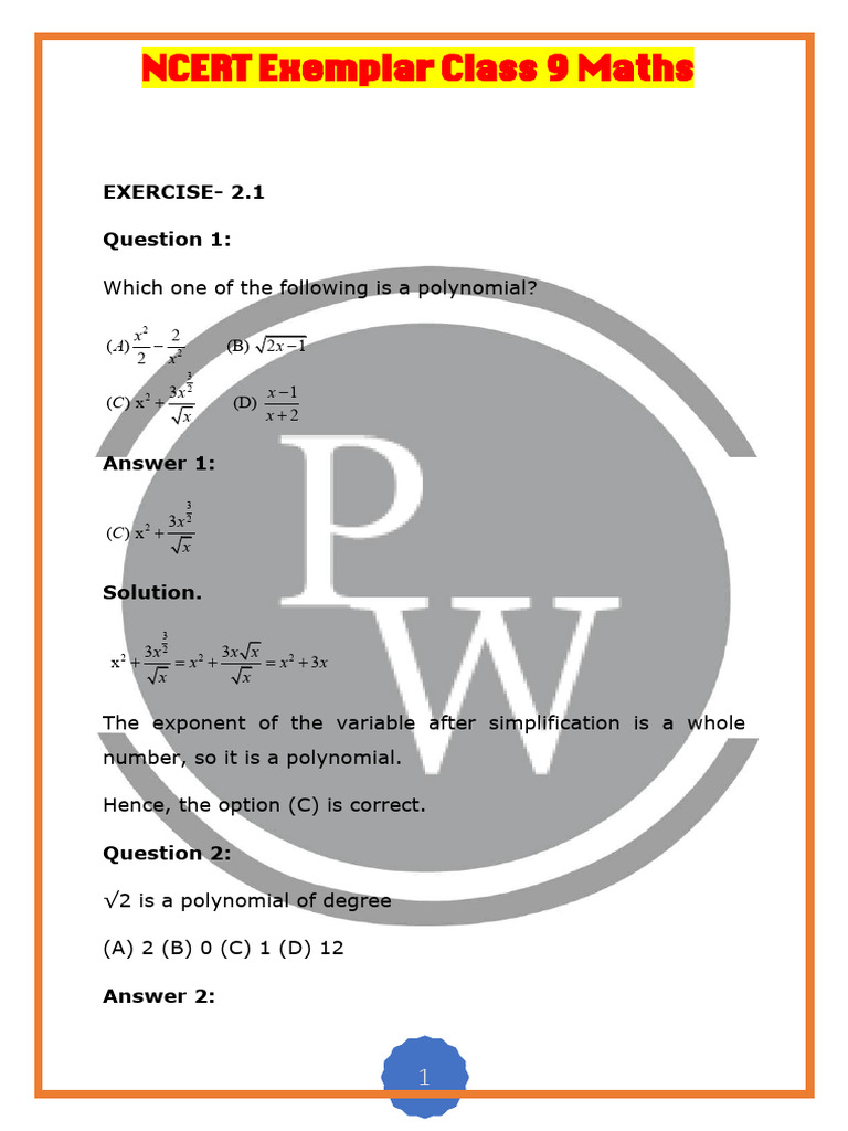 Exemplar Class 9 CBSE Math | PDF | Polynomial | Numbers
