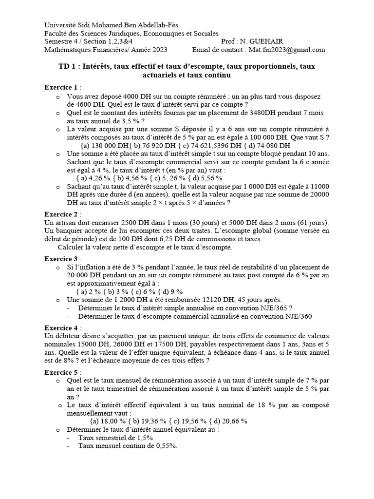 TD 1 - Math Fin - 2023 | PDF | Taux d'intérêt | Économie monétaire