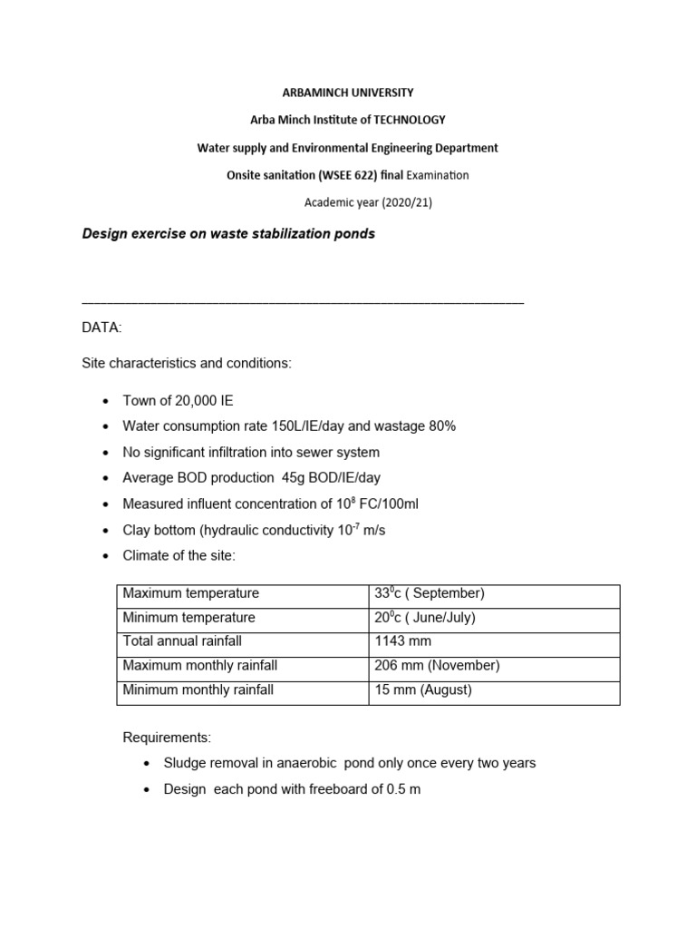 Waste Stabilization Pond Design Exam | PDF | Sewage Treatment | Water ...