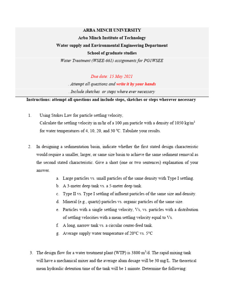 Water Treatment Engineering Assignments | PDF | Water Purification ...