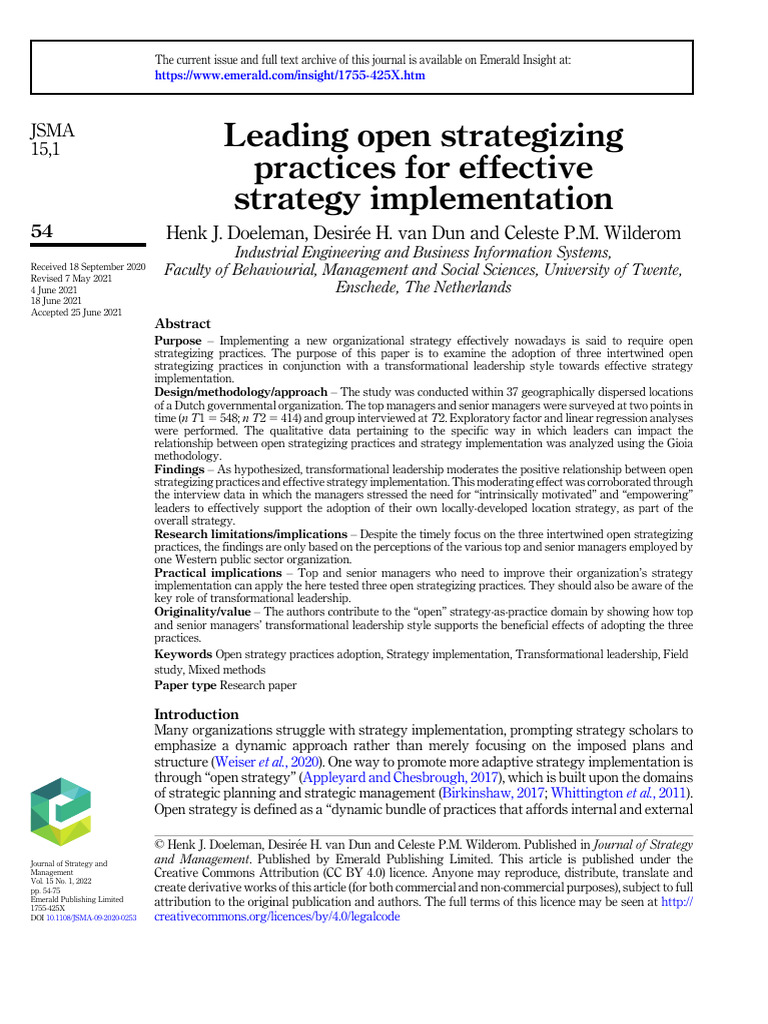 Leading Open Strategizing Practices For Effective Strategy Implementation | PDF | Strategic ...