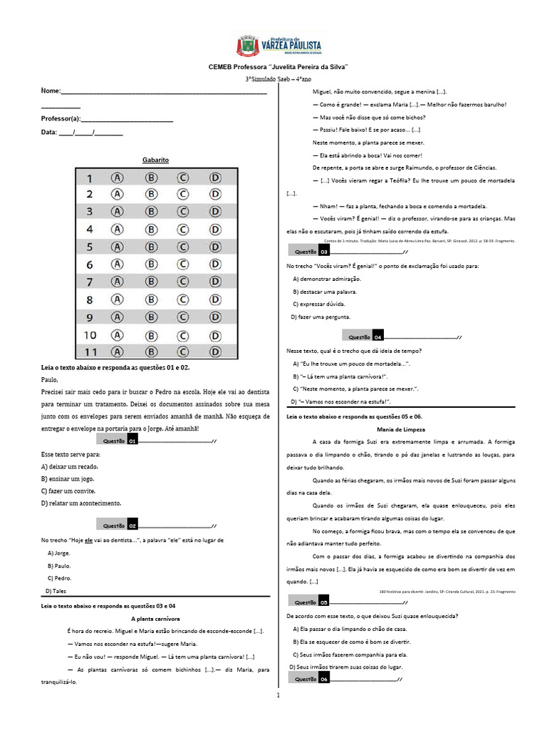 3° Simulado Saeb - 4° Ano | PDF