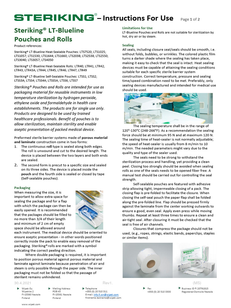Steriking® LT Blueline Pouches and Rolls - IFU - MDR - 062021 | PDF | Sterilization ...