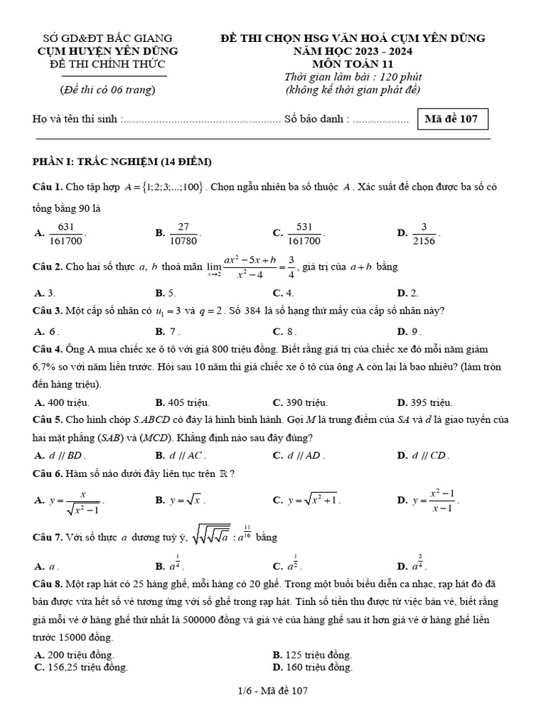 De Thi HSG Toan 11 Nam 2023 2024 Cum Huyen Yen Dung Bac Giang | PDF