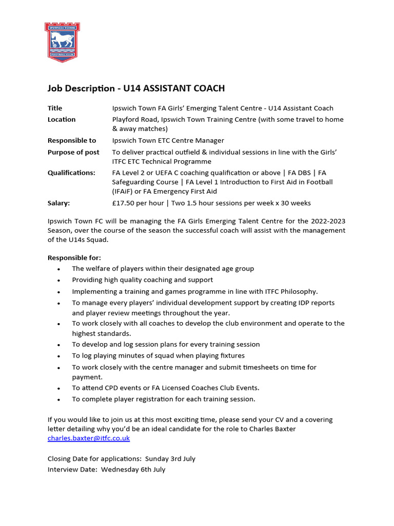 Itfc Etc - U14 Head Coach Job Description Advert 20.06.2022 | PDF