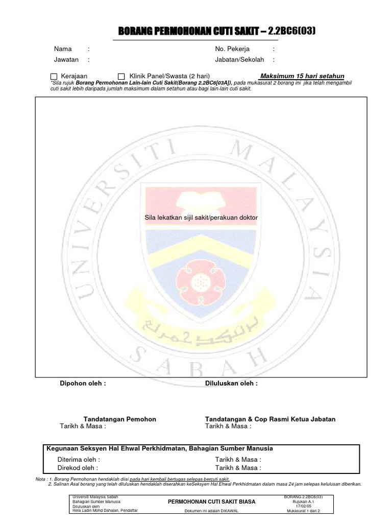 Borang Permohonan Cuti Sakit Lain-Lain Cuti Sakit | PDF