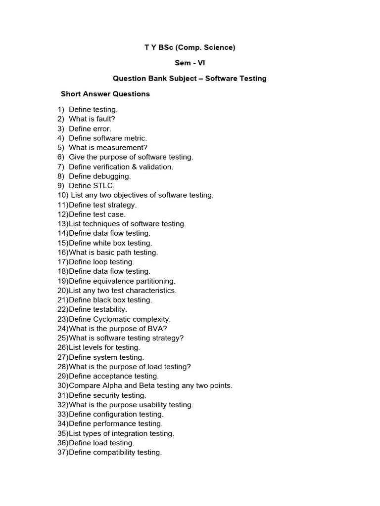 MCQ Question Bank Short Answers STT | PDF | Software Testing ...