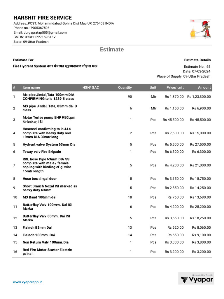 Fire Service Estimate for Hydrant System | PDF
