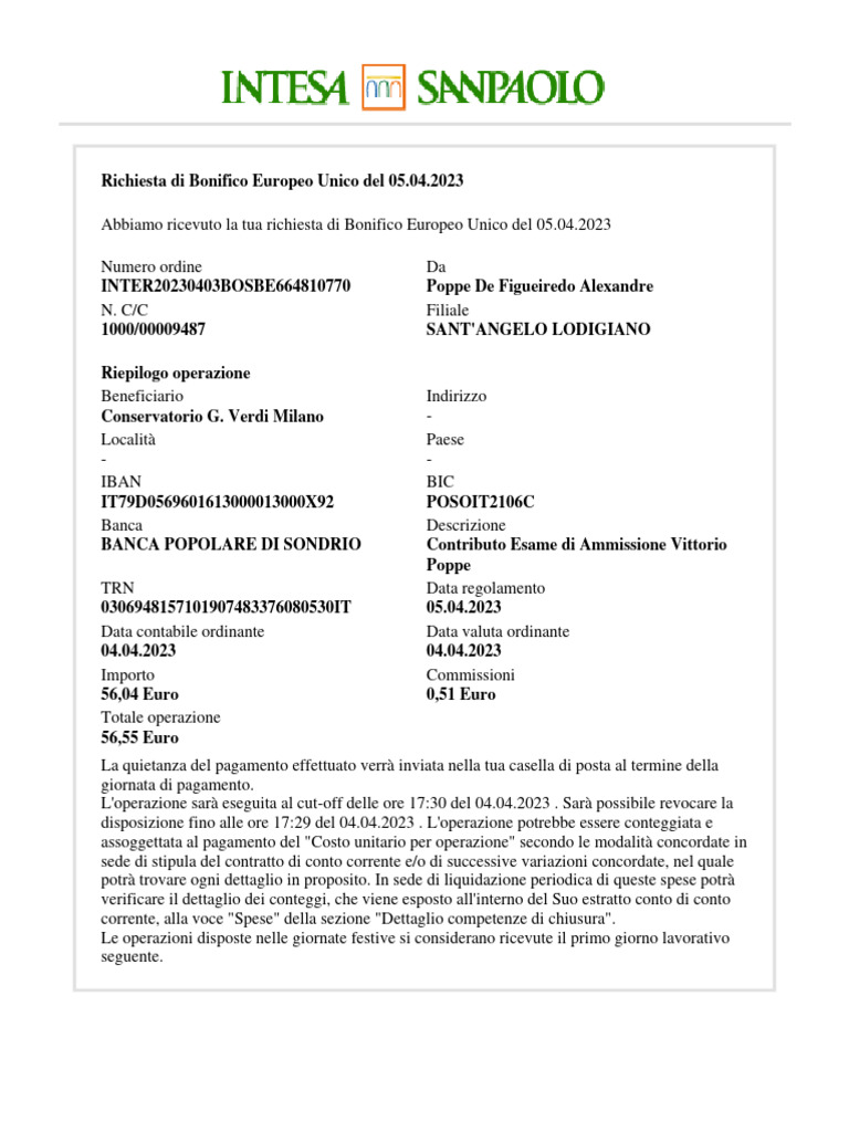 Ricevuta Bonifico | PDF