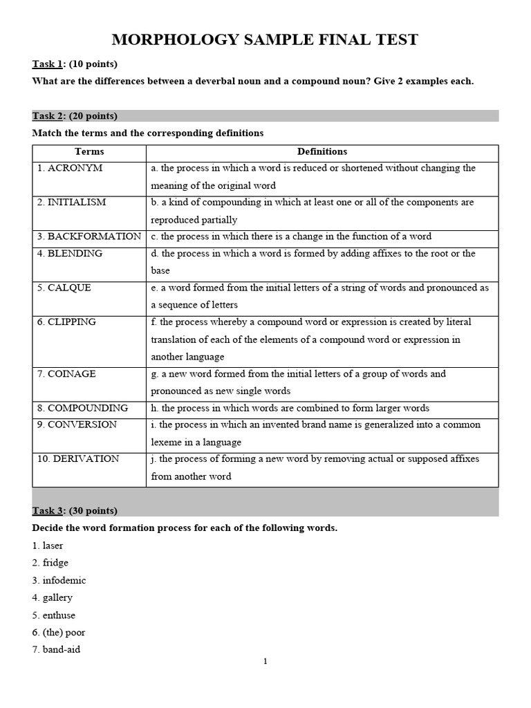 Morphology Test: Nouns & Word Formation | PDF | Word | Morphology ...
