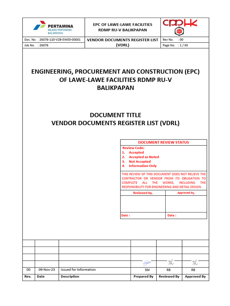 110 v2b Ew00 00001 - 00 - Vendor Documents Register List (VDRL) | PDF | Engineering