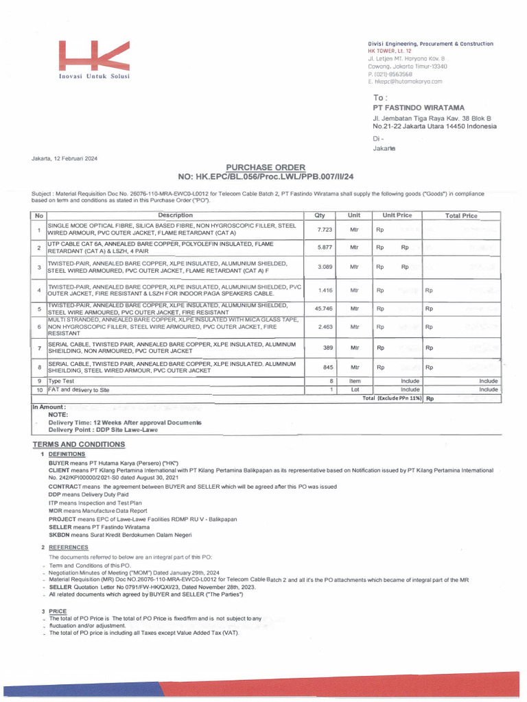Purchase Order for Telecom Cables | PDF | Procurement
