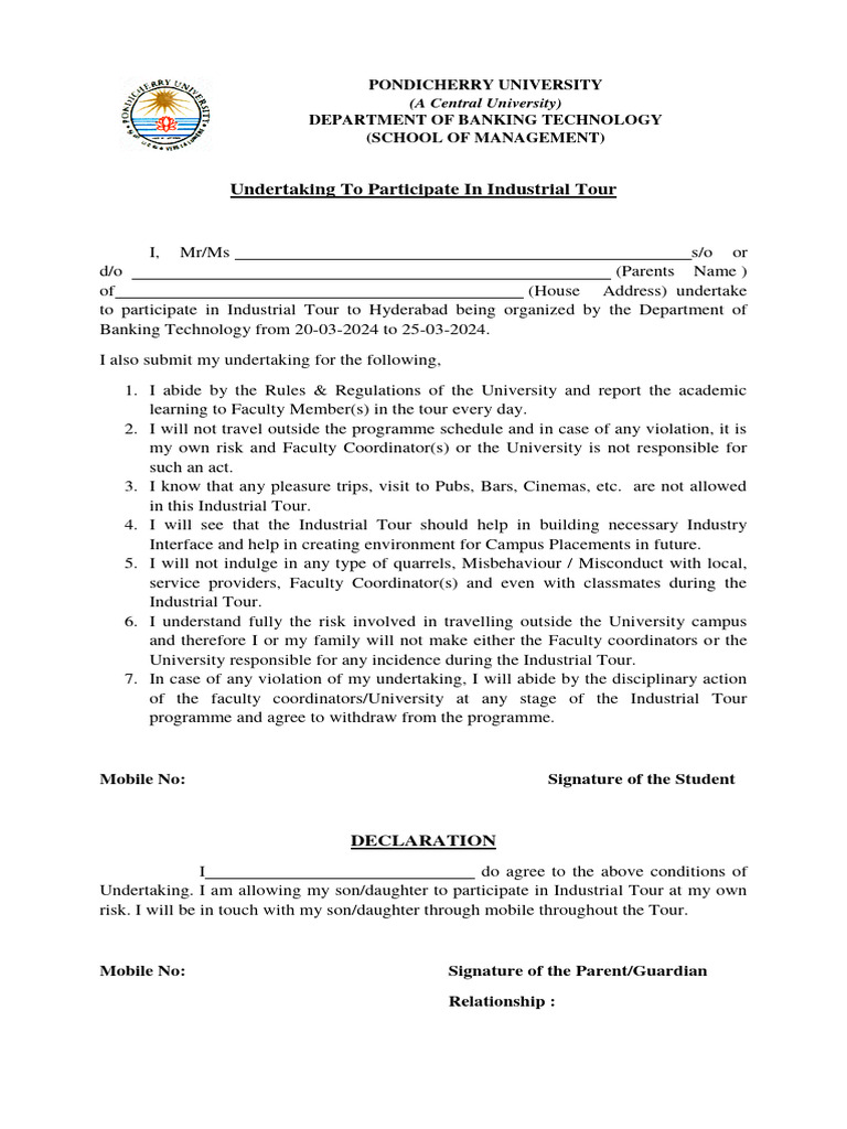 Undertaking Form For Industrial Tour | PDF