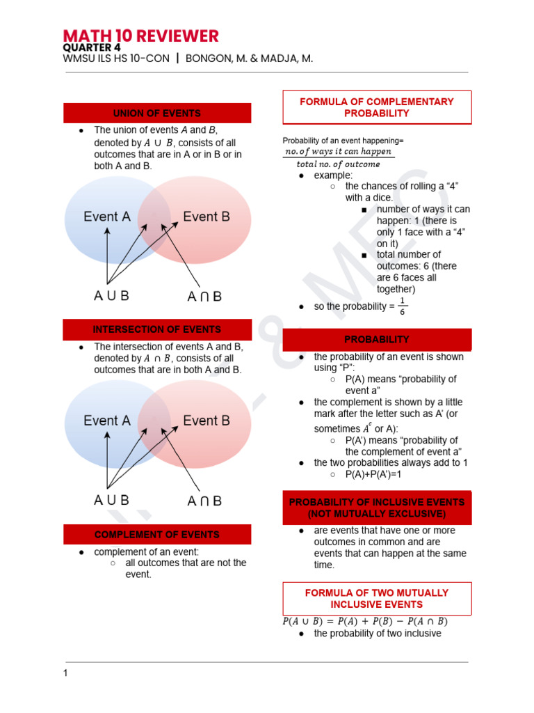 Q4 Math 10 Reviewer | PDF | Probability | Arithmetic