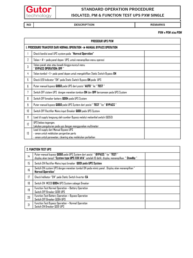 002 SOP Isolated UPS & Function Test UPS PXW Single Rev3 | PDF