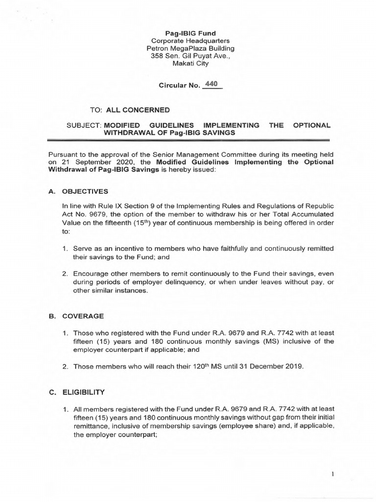 Circular No. 440 - Modified Guidelines Implementing The Optional Withdrawal of Pag-IBIG Savings ...
